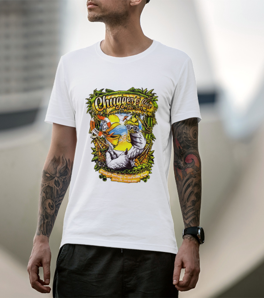 Chugger's Cove Tiki Bar Beach Pelican Drink Ur Feelings Ocean Floor Berlin MD T-Shirt