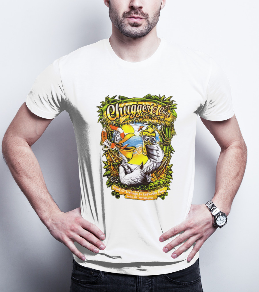 Chugger's Cove Tiki Bar Beach Pelican Drink Ur Feelings Ocean Floor Berlin MD T-Shirt