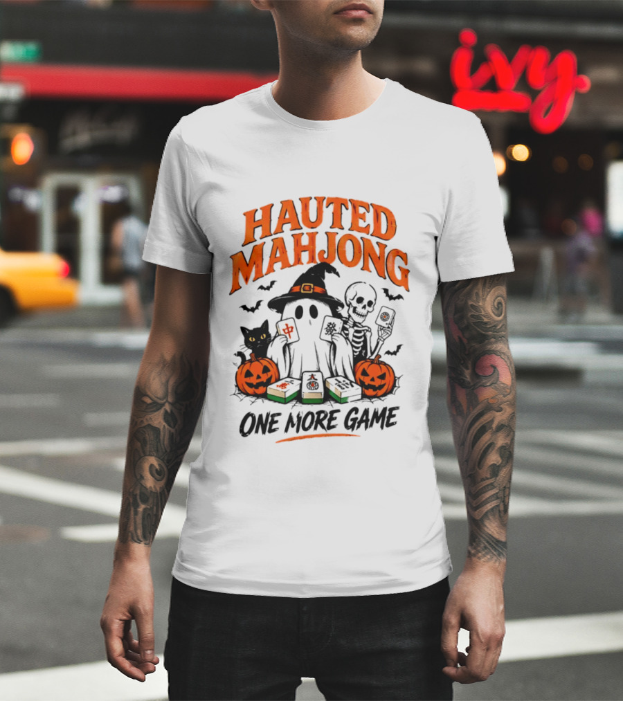 Hauted Mahjong Halloween Ghost Cat Skeleton Pumpkins One More Game T-Shirt