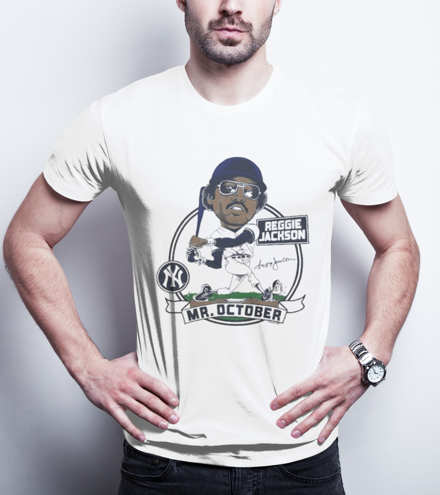 Yankees Reggie Jackson Mr. October Caricature Signature Art With NY Yankees T-Shirt