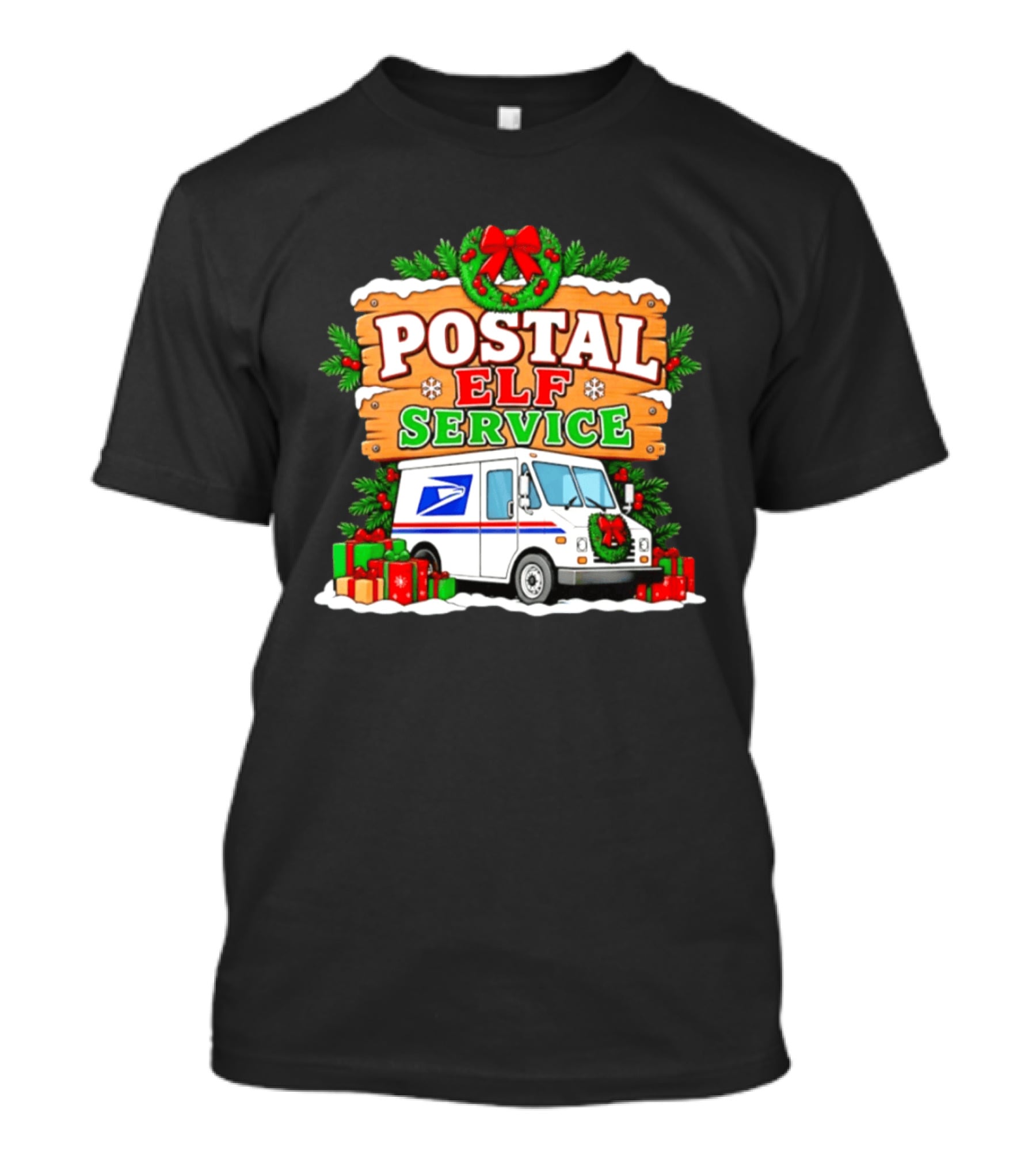 USPS Christmas Postal Elf Service Truck Wreath And Holiday Gifts T-Shirt