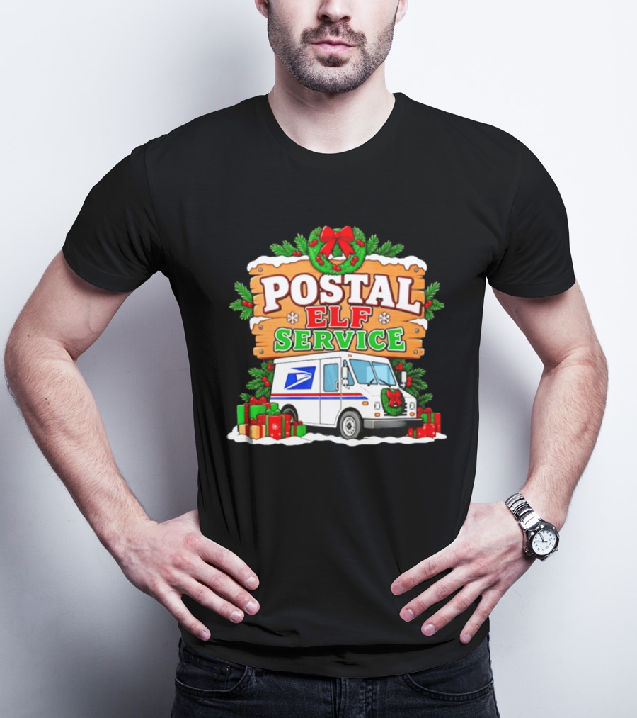 USPS Christmas Postal Elf Service Truck Wreath And Holiday Gifts T-Shirt