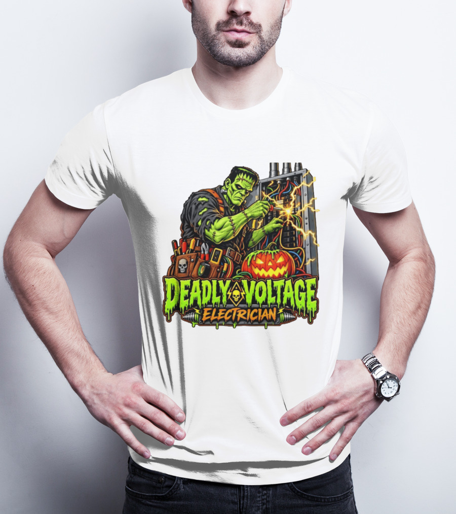 Deadly Voltage Electrician Frankenstein Halloween 2026 T-Shirt