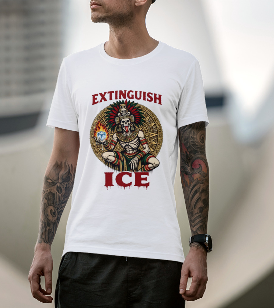 Aztec Skeleton Extinguish Ice Fire Mayan T-Shirt