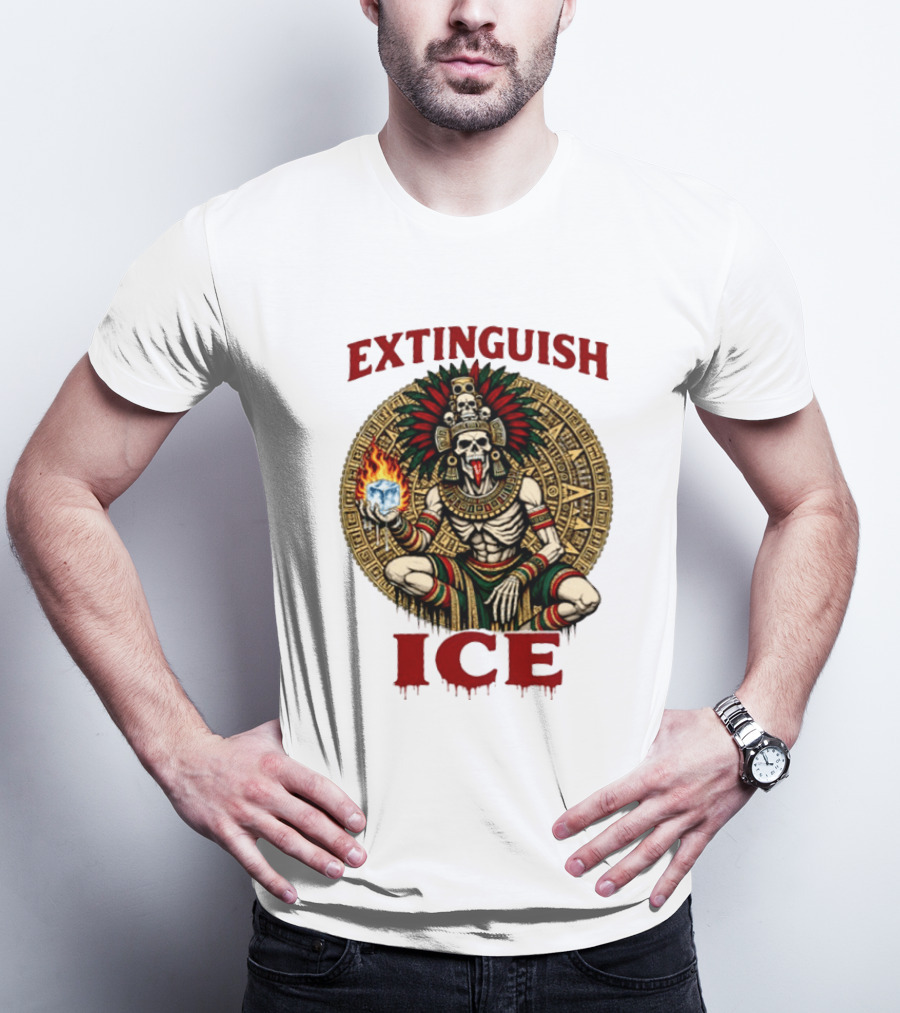 Aztec Skeleton Extinguish Ice Fire Mayan T-Shirt