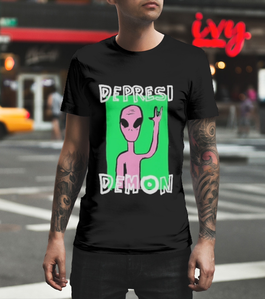 Depresi Demon Pink Alien Rock On Meme T-Shirt