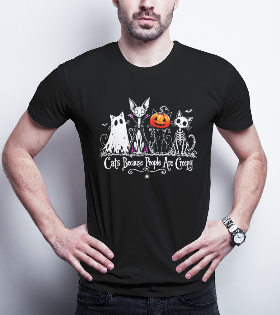 Cats Because People Are Creepy Halloween Cat Pumpkin Skeleton T-Shirt
