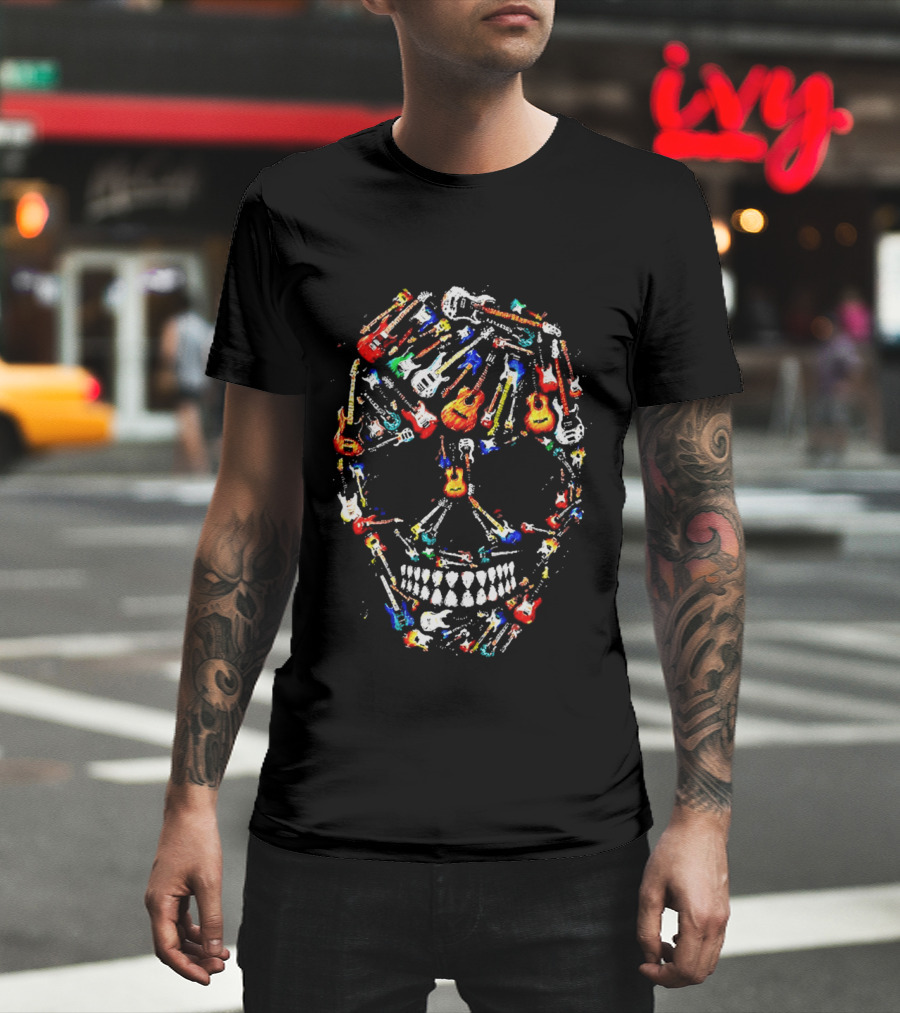 Colorful Electric Guitar Skull Rock N Roll Music Lover Vivid Instrument Mashup T-Shirt