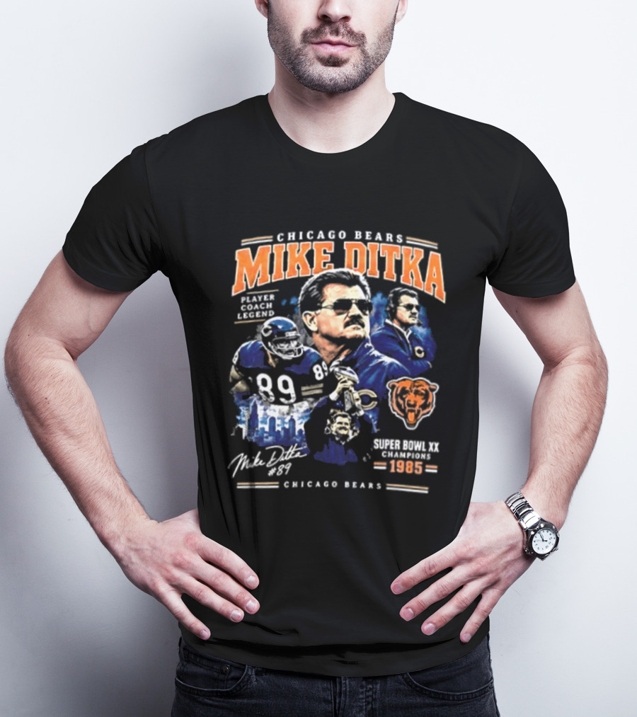 Chicago Bears Mike Ditka 89 Player Coach Legend 1985 Football 2 Sided T-Shirt