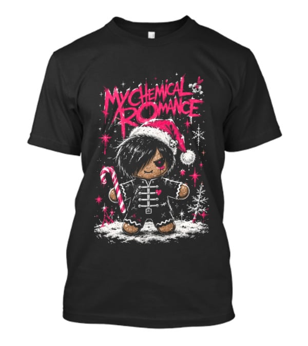My Chemical Romance Emo Gingerbread Man Pink Christmas Parade With Candy Cane Santa Hat T-Shirt