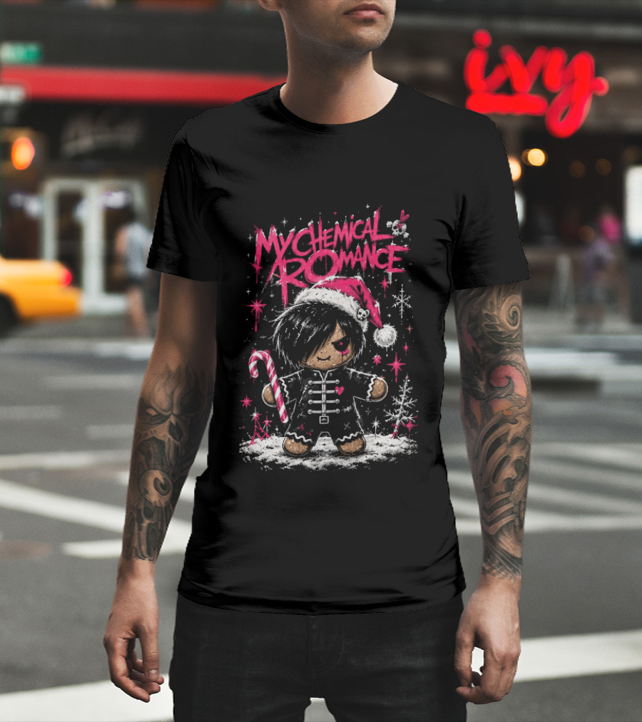 My Chemical Romance Emo Gingerbread Man Pink Christmas Parade With Candy Cane Santa Hat T-Shirt