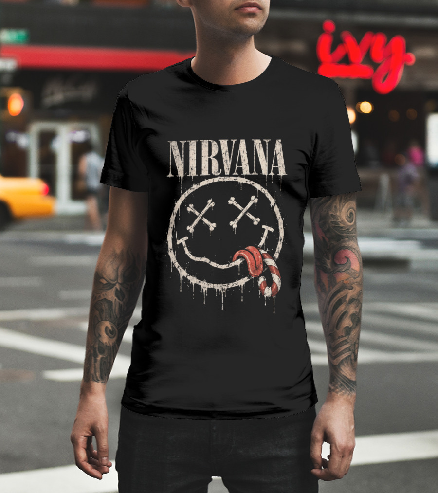 Nirvana Skeleton Smiley Candy Cane Christmas For Grunge Rock Lovers T-Shirt