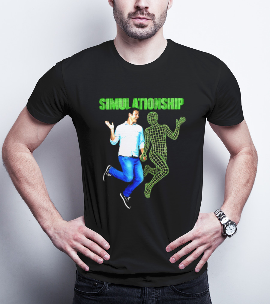 Simulationship Simulation Glitch Digital Jumping Man And Wireframe Figure T-Shirt