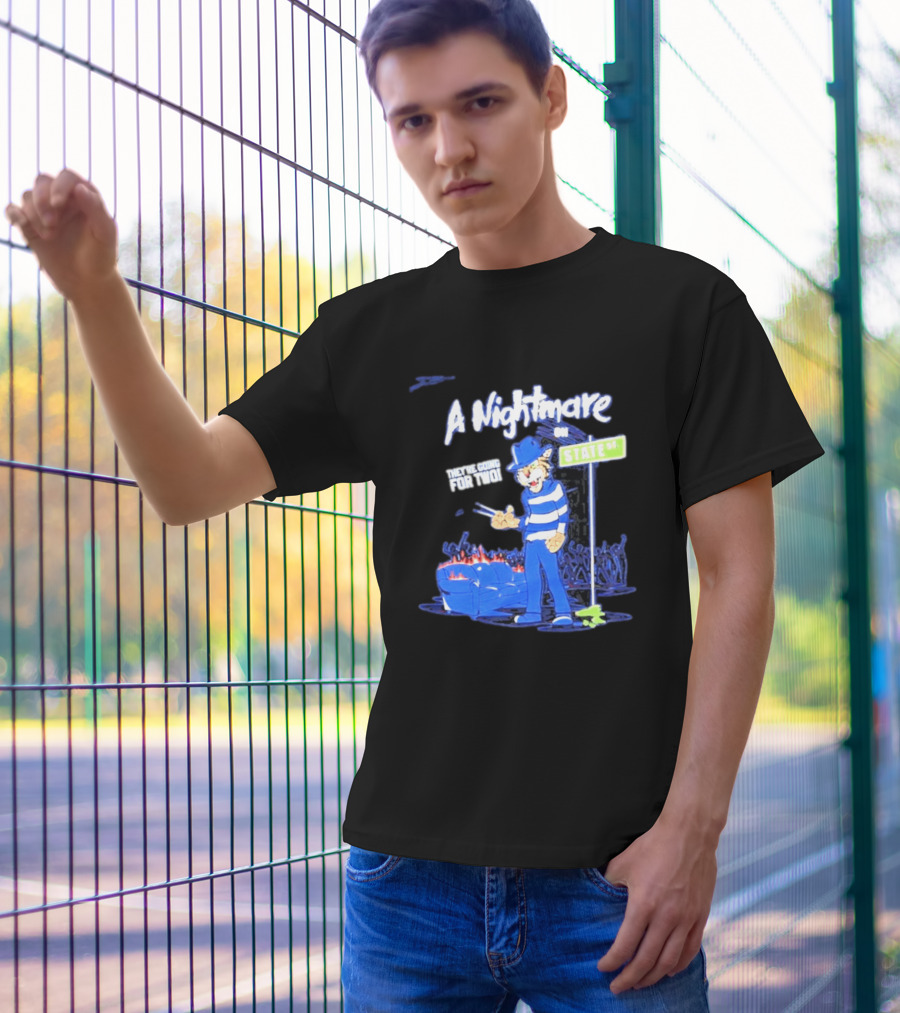 A Nightmare On State St They're Going For Two Cat Character In Blue And White Stripes T-Shirt