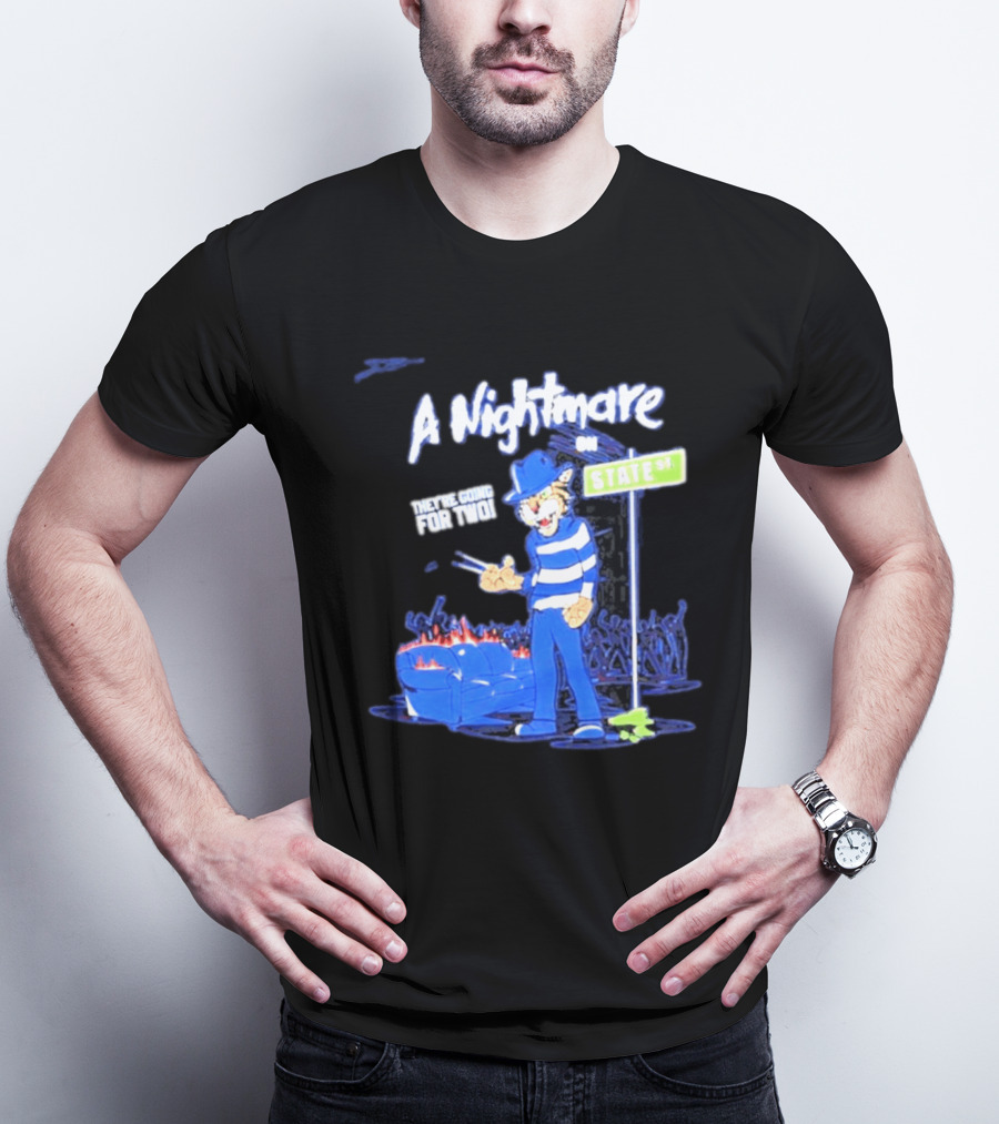 A Nightmare On State St They're Going For Two Cat Character In Blue And White Stripes T-Shirt