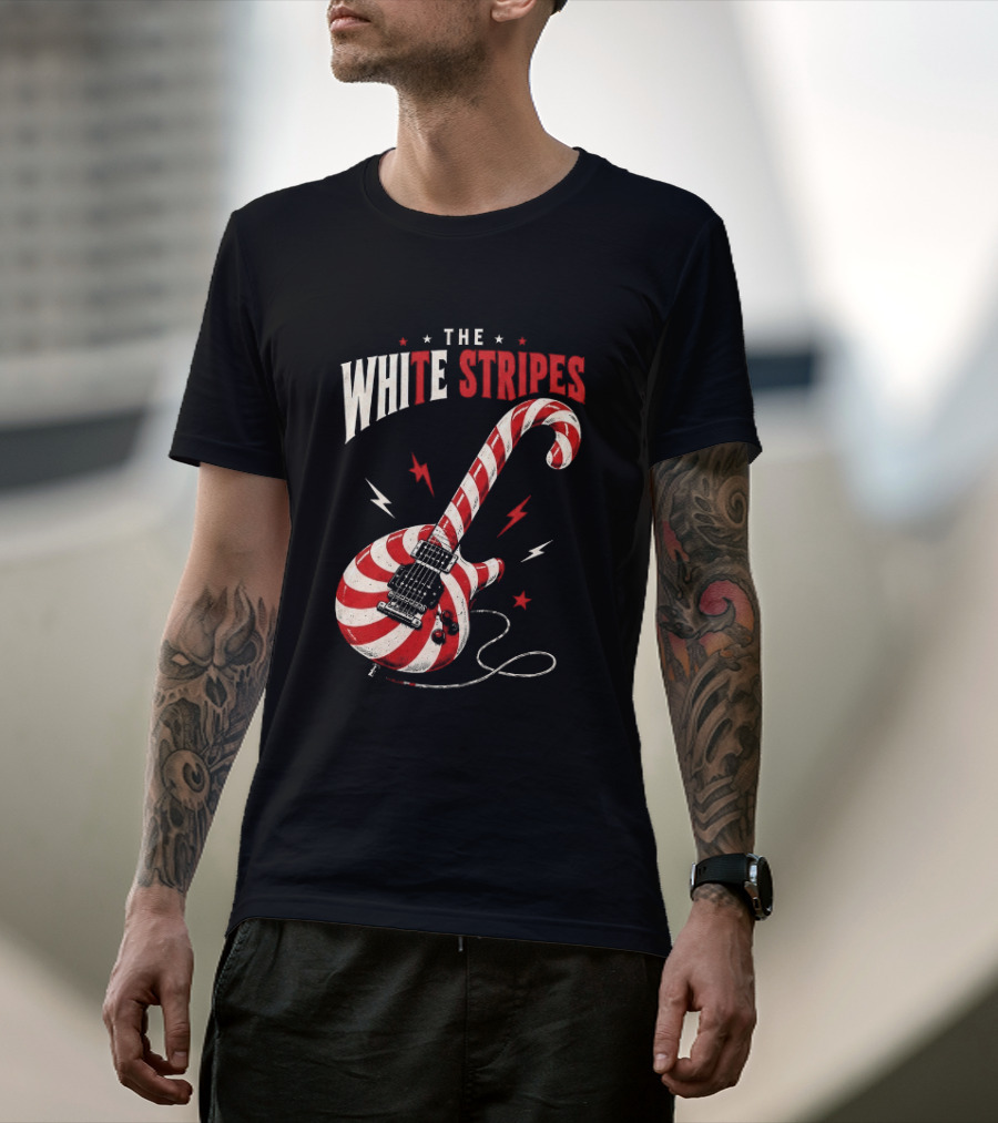 The White Stripes Candy Cane Christmas Guitar Rock Themes T-Shirt