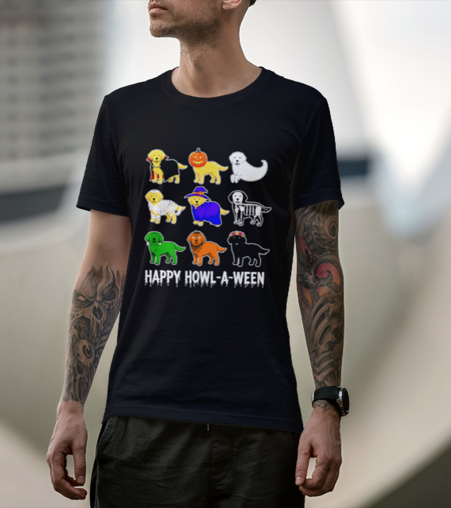 Happy Howl A Ween Dogs Halloween 2026 Pumpkin Witch Skeleton Costumes T-Shirt