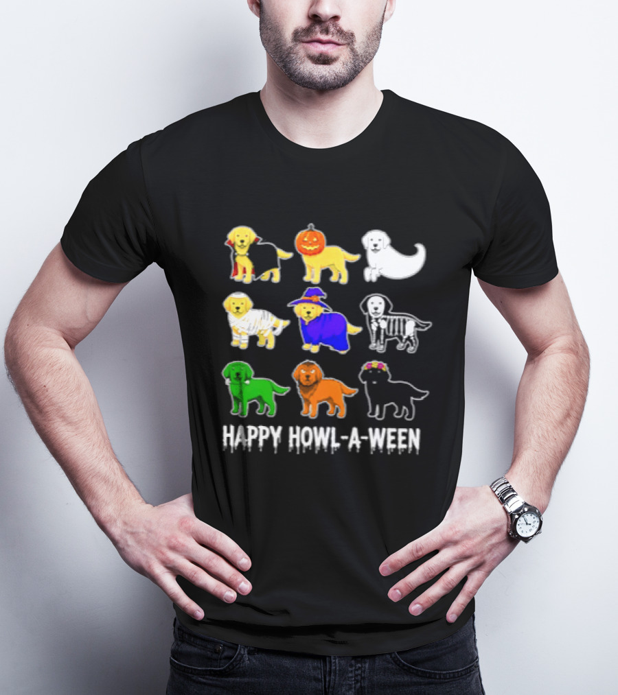 Happy Howl A Ween Dogs Halloween 2026 Pumpkin Witch Skeleton Costumes T-Shirt