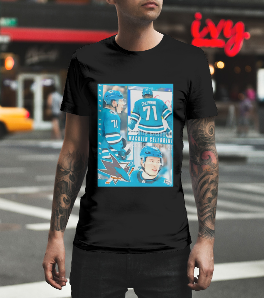 San Jose Sharks Macklin Celebrini 71 NHL 2026 All For One T-Shirt
