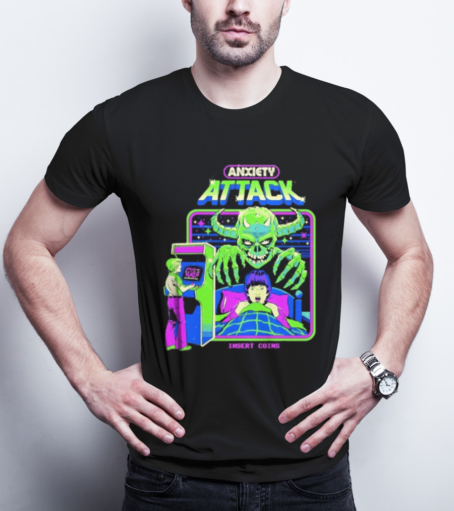 Retro Anxiety Attack Arcade Game Monster Steven Rhodes T-Shirt