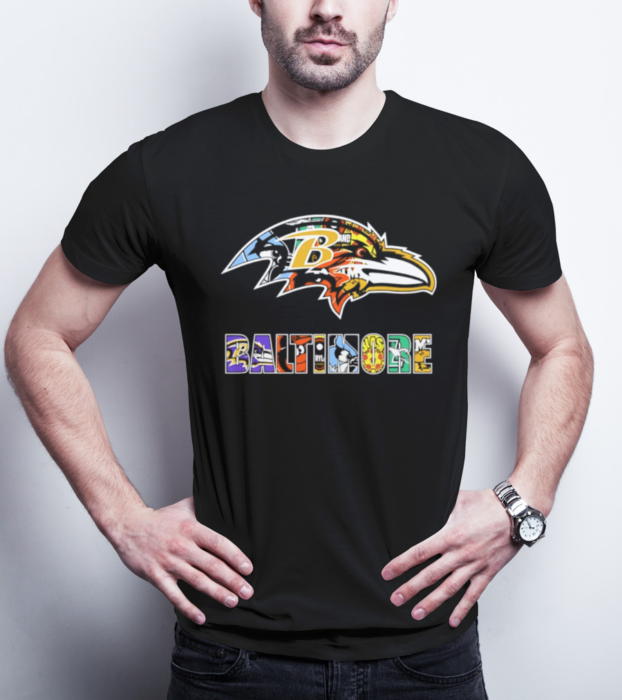 Baltimore Ravens Colorful Collage Art Ravens Head T-Shirt