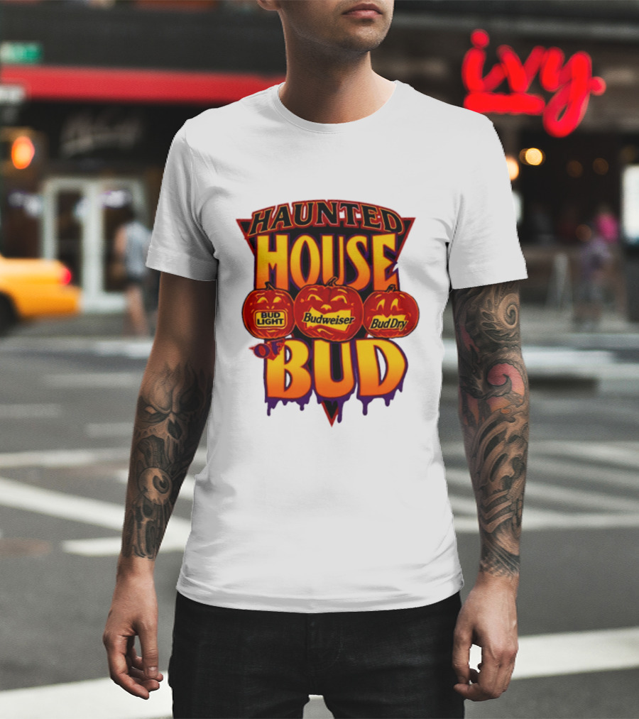 Halloween Haunted House Of Bud Budweiser Bud Light Bud Dry Pumpkins T-Shirt