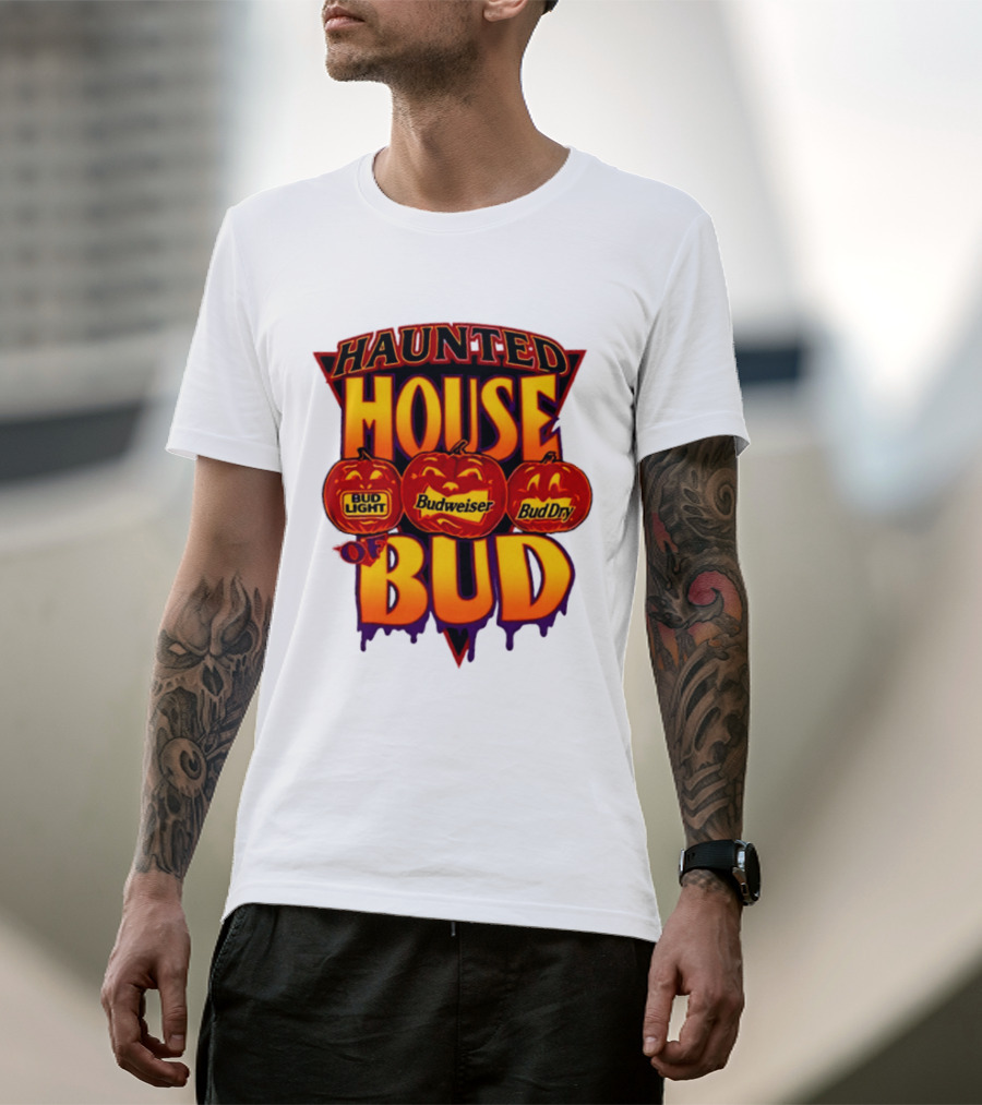 Halloween Haunted House Of Bud Budweiser Bud Light Bud Dry Pumpkins T-Shirt