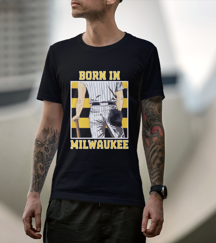 Born In Milwaukee Baseball Vintage Stripes Player Holding Cap T-Shirt