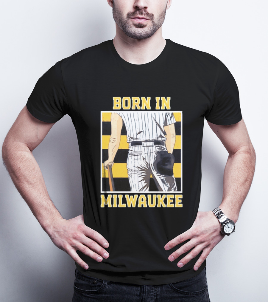 Born In Milwaukee Baseball Vintage Stripes Player Holding Cap T-Shirt