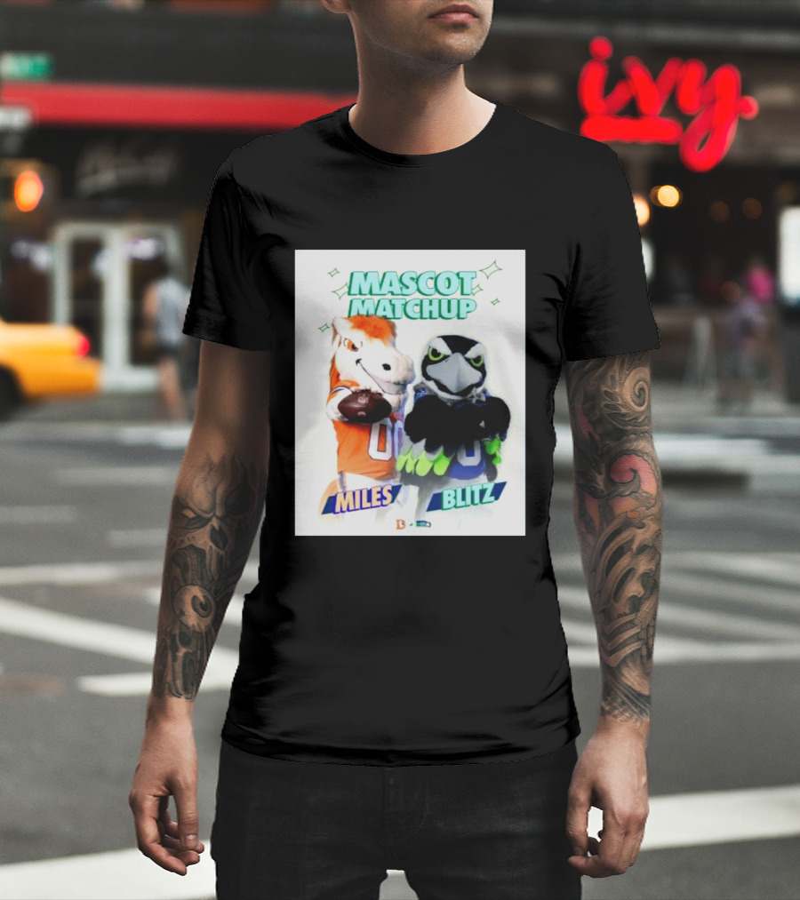 Mascot Matchup Miles Vs Blitz Denver Broncos Seattle Seahawks 2026 T-Shirt
