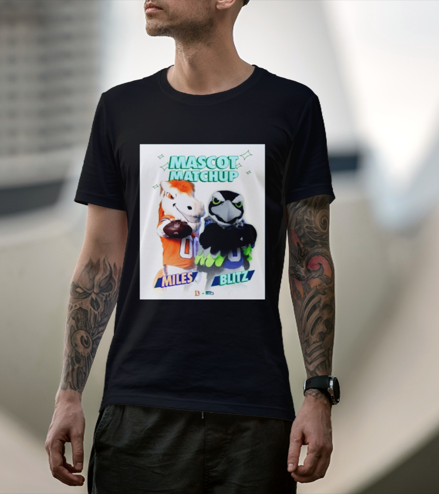 Mascot Matchup Miles Vs Blitz Denver Broncos Seattle Seahawks 2026 T-Shirt