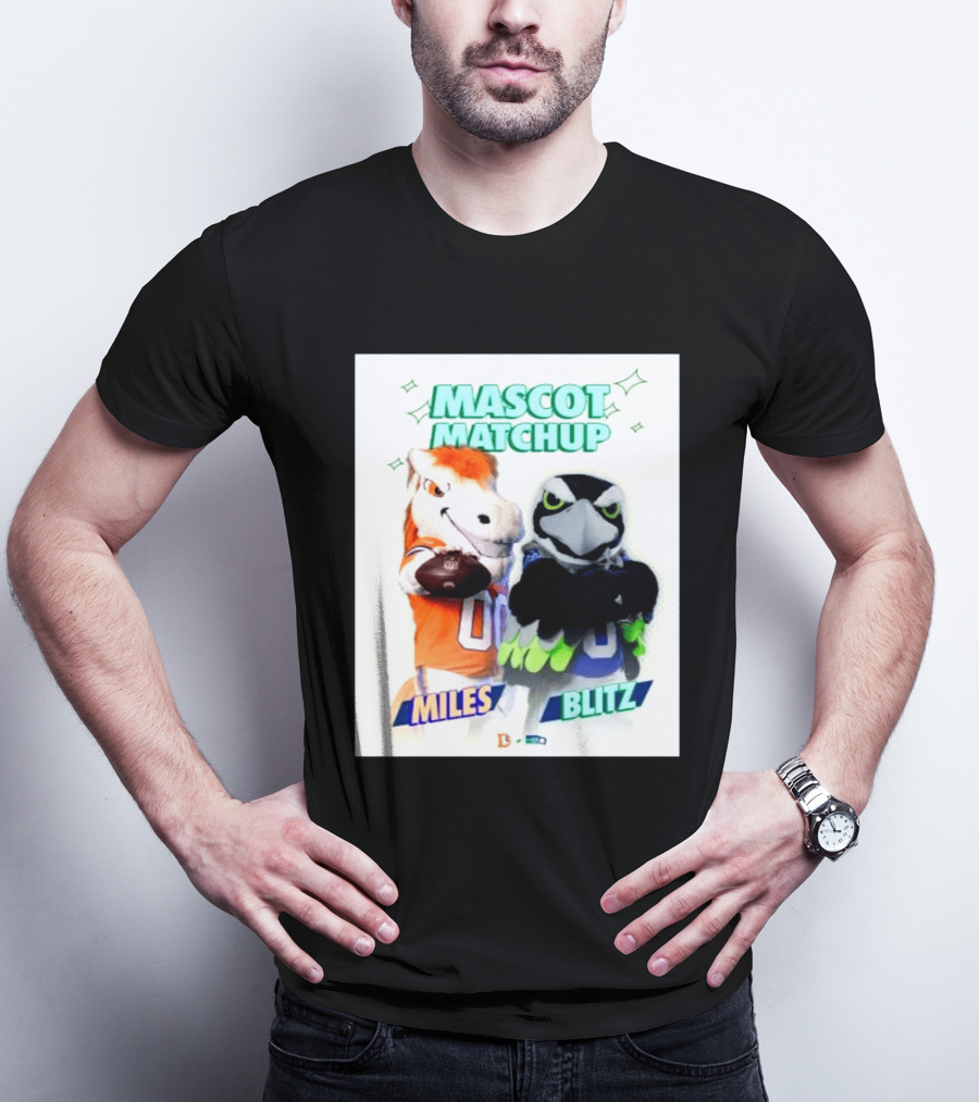 Mascot Matchup Miles Vs Blitz Denver Broncos Seattle Seahawks 2026 T-Shirt