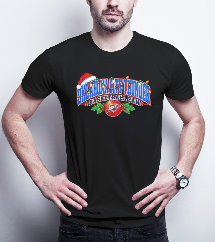 Oklahoma City Thunder Basketball Fan Santa Hat Christmas Lights T-Shirt