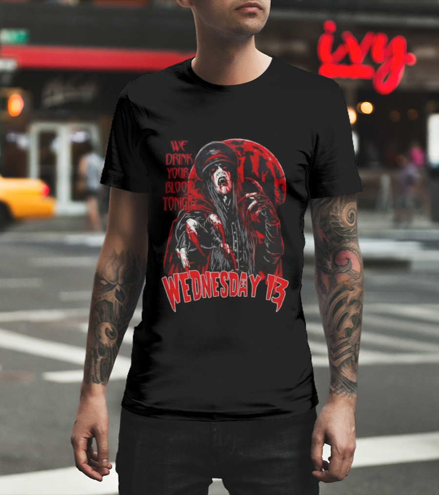 We Drink Your Blood Tonight Wednesday 13 Halloween Vampire Claws Red Moon T-Shirt