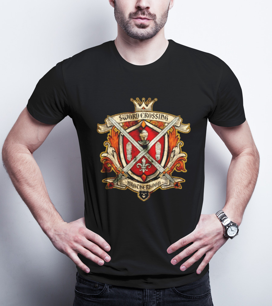 Sword Crossing Brotherhood Medieval Knight Coat Of Arms Crown Fleur De Lis Crest T-Shirt