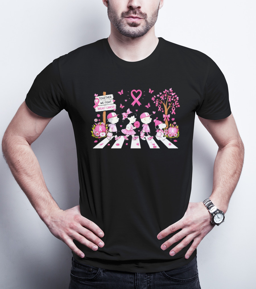 Together We Fight Breast Cancer Peanuts Characters Abbey Road Pink Ribbon Butterflies T-Shirt
