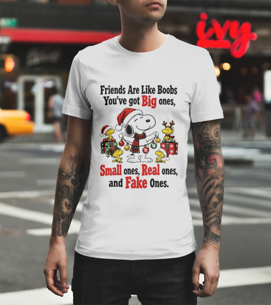 Friends Are Like Boobs You've Got Big Ones Small Ones Real Ones Fake Ones Snoopy Woodstock Christmas T-Shirt