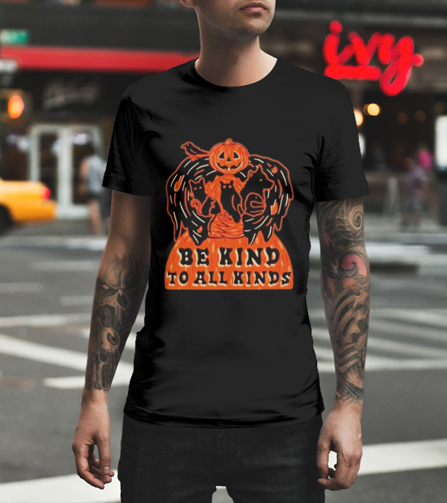 Be Kind To All Kinds Halloween 2026 Pumpkin Animals With Cats And Crow T-Shirt