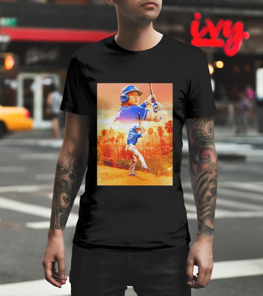 Shohei Ohtani Los Angeles Dodgers MLB It's Show Time Skyline Baseball Player T-Shirt