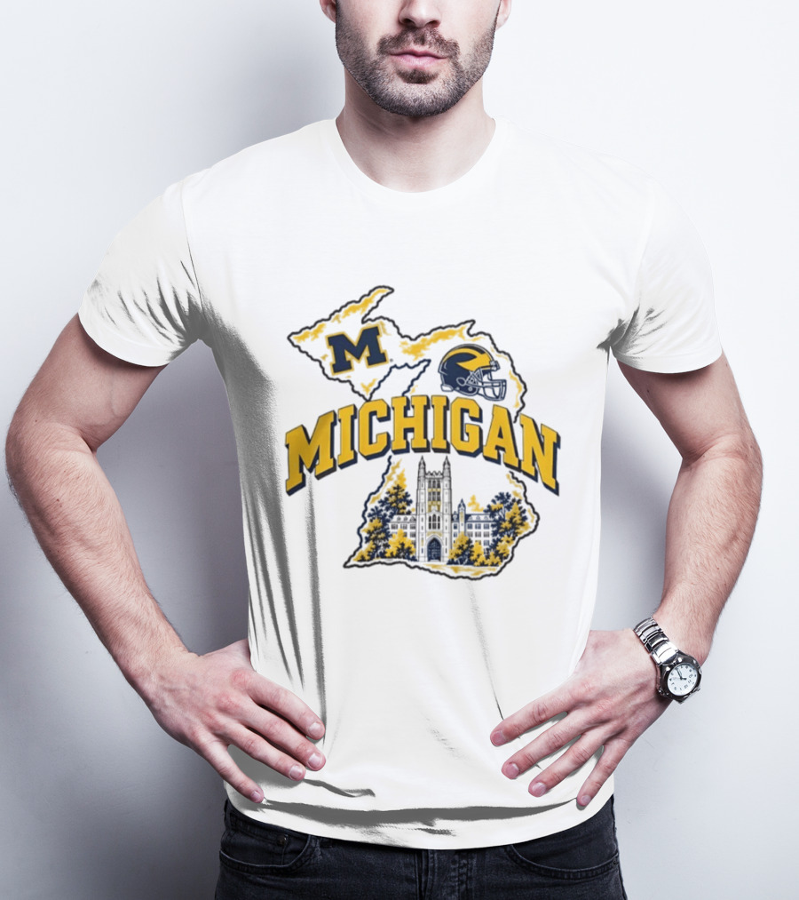 Michigan Wolverines NCAA Football Helmet Map And Building T-Shirt