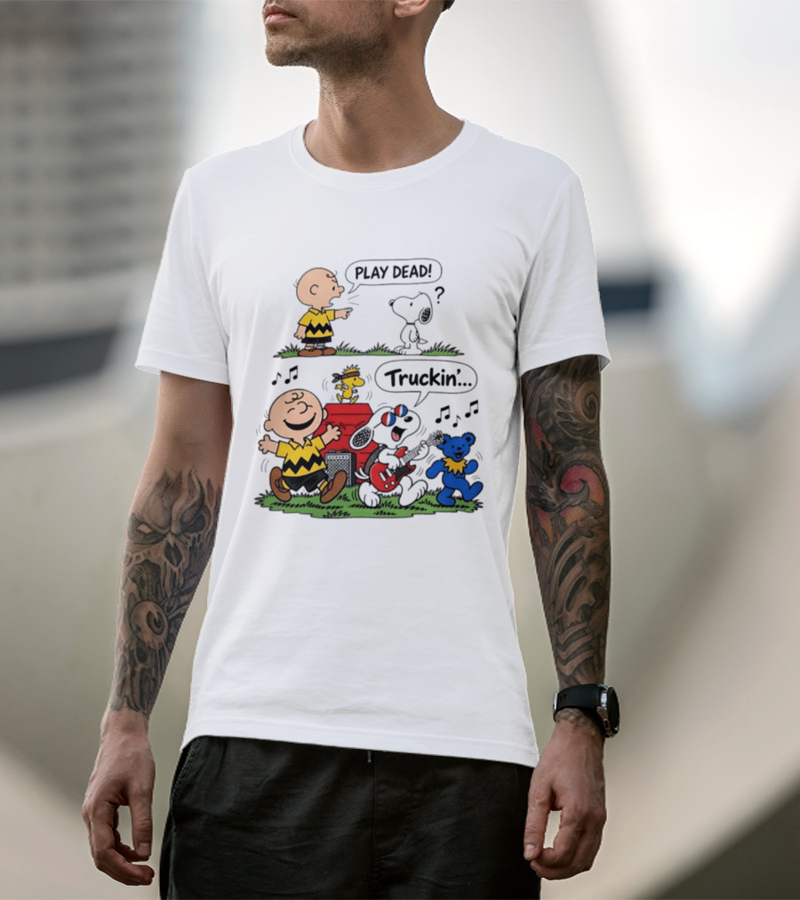 Peanuts Characters Play Dead And Truckin' With Grateful Dead Dancing Bear T-Shirt