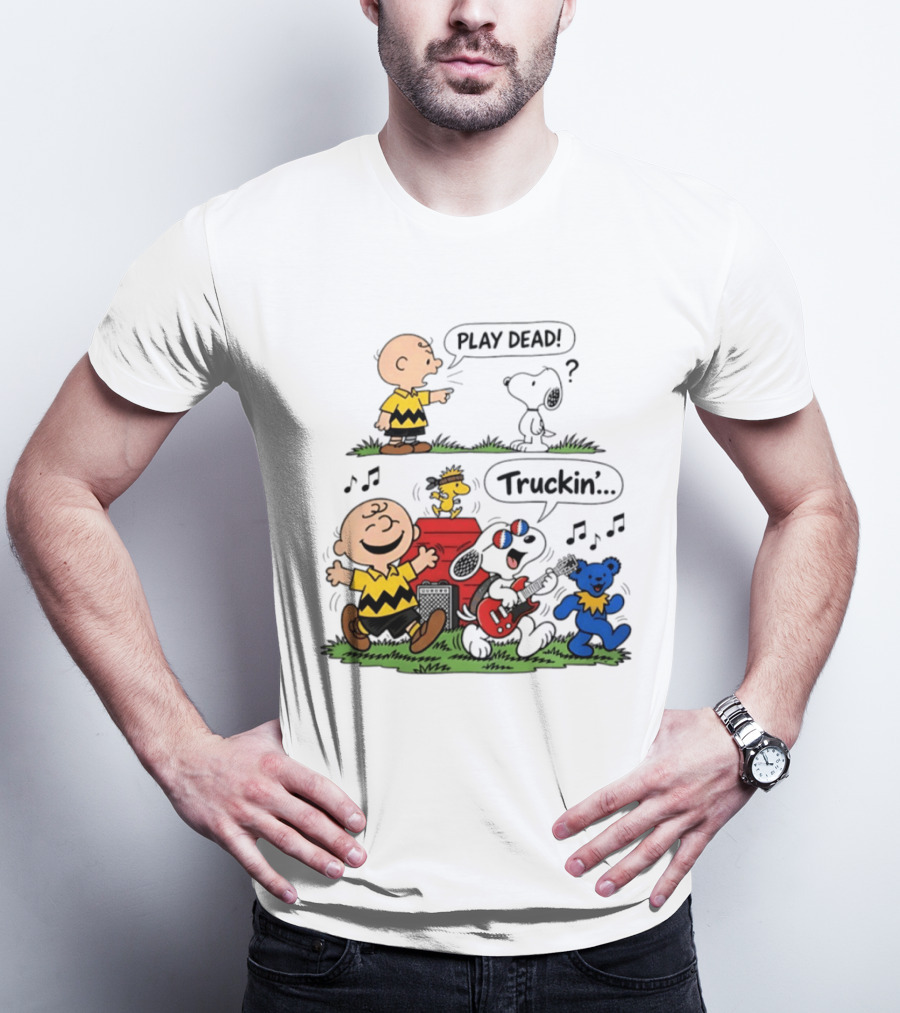 Peanuts Characters Play Dead And Truckin' With Grateful Dead Dancing Bear T-Shirt