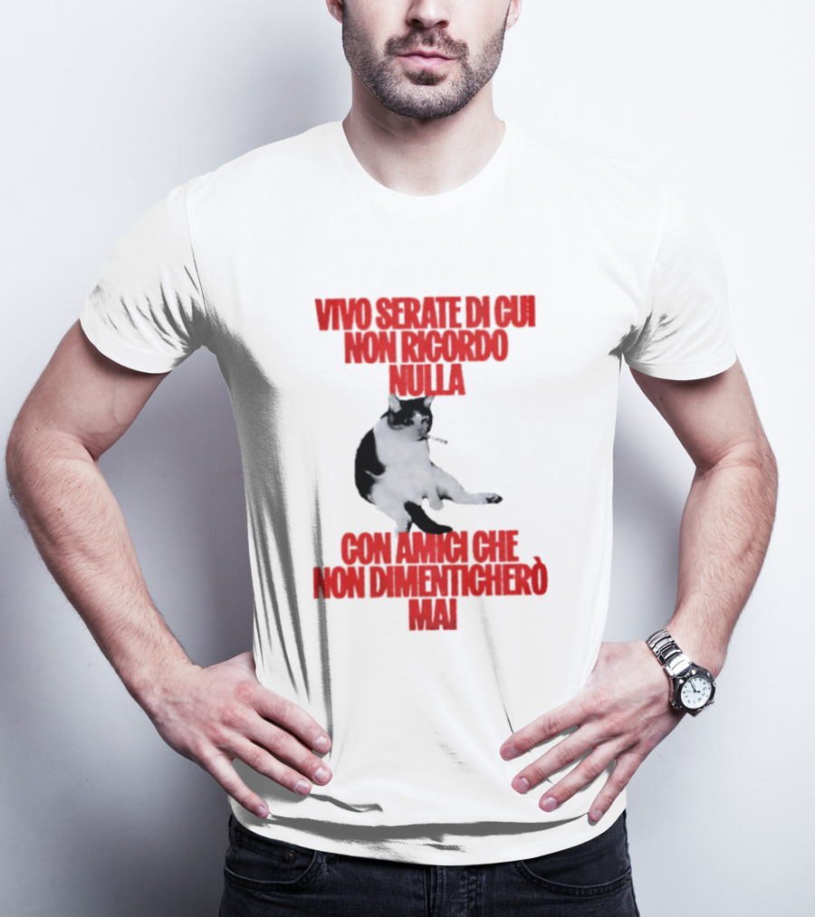 Vivo Serate Di Cui Non Ricordo Nulla Con Amici Che Non Dimenticherò Mai Gatto Divertente T-Shirt