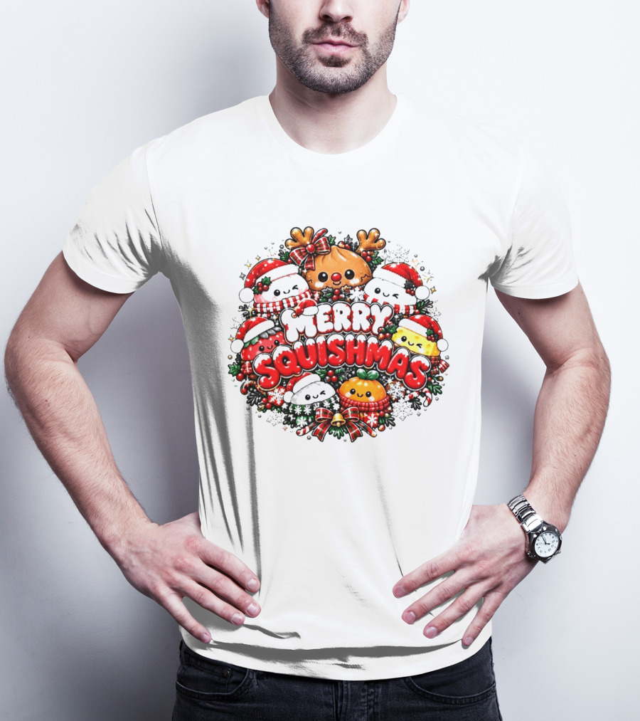 Merry Squishmas Cute Festive Characters Santa Hats Holiday Cheer Reindeer Red Green Berries T-Shirt
