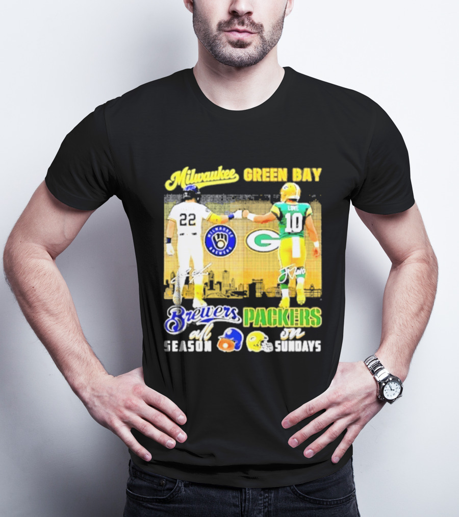 Milwaukee Brewers Green Bay Packers All Season Sundays Players Signatures T-Shirt