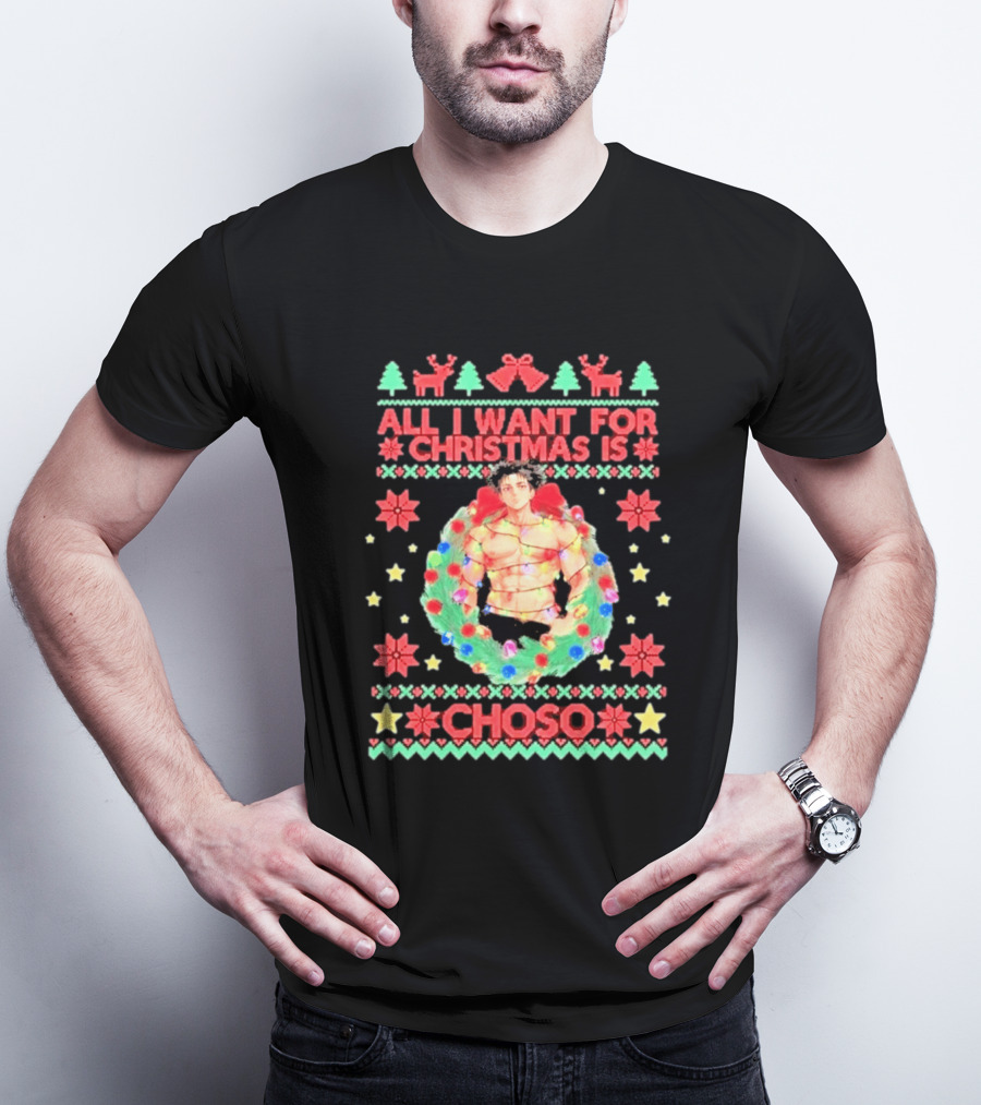 All I Want For Christmas Is Choso Anime Character Wreath Reindeer Festive T-Shirt