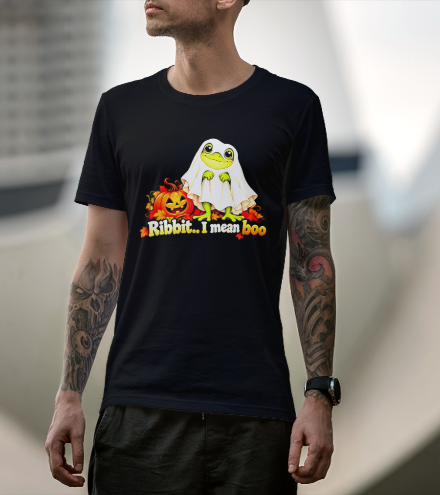 Ribbit I Mean Boo Halloween Frog In Ghost Costume With Pumpkin T-Shirt