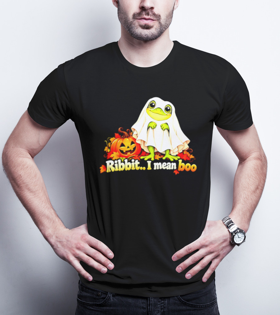 Ribbit I Mean Boo Halloween Frog In Ghost Costume With Pumpkin T-Shirt