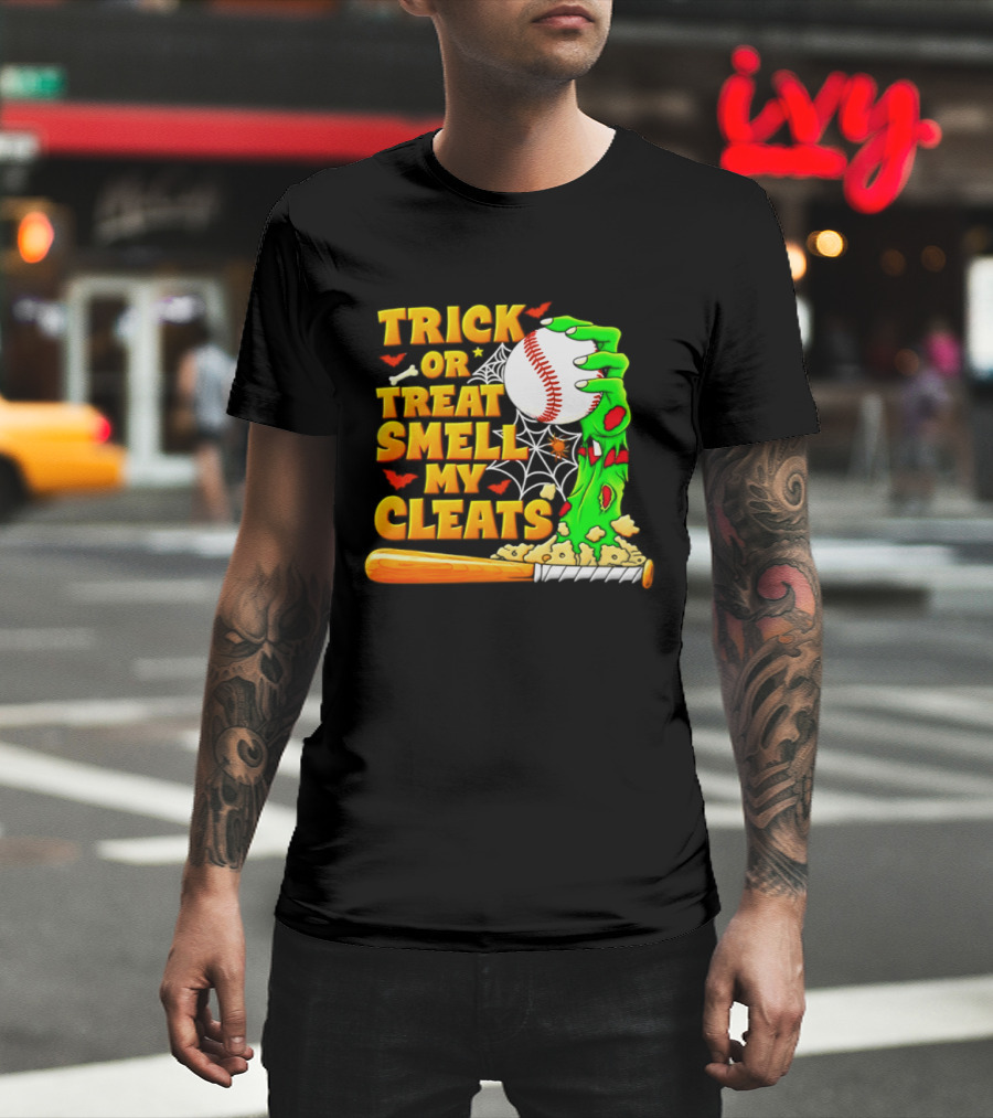 Trick Or Treat Smell My Cleats Zombie Hand Baseball Bat Halloween T-Shirt