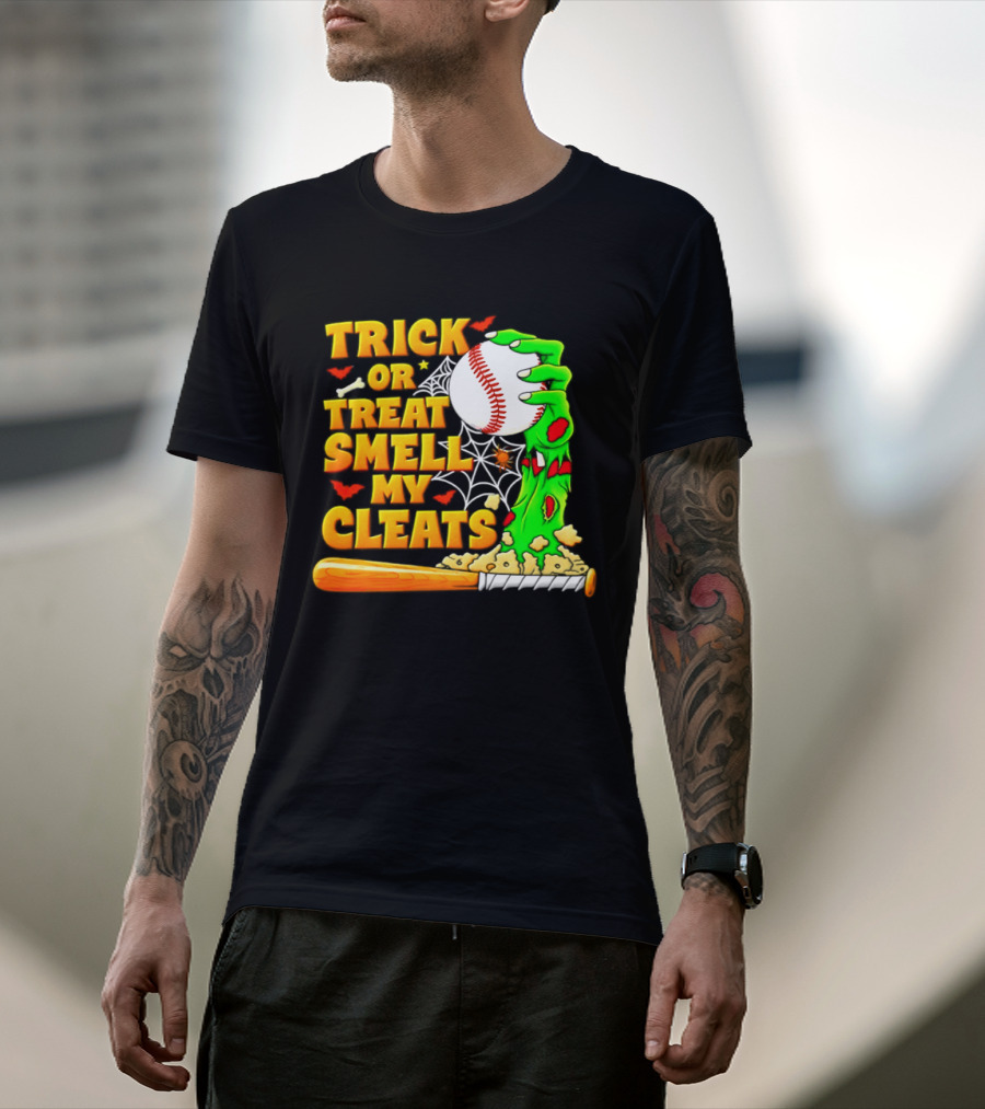 Trick Or Treat Smell My Cleats Zombie Hand Baseball Bat Halloween T-Shirt